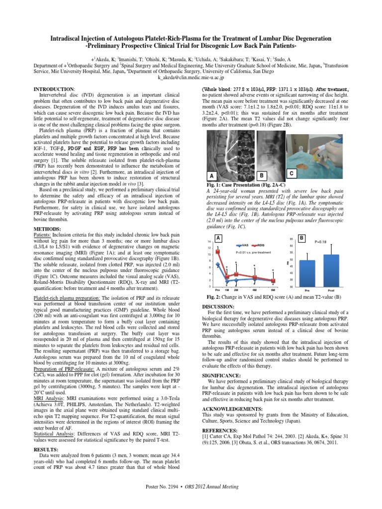 Intradiscal PRP Injection Reduces Back Pain for 6 Months | PDF | Back ...