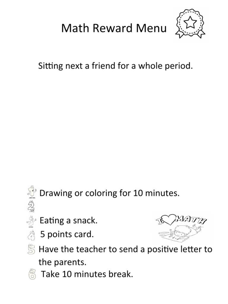 Math Reward Menu: Sitting Next A Friend For A Whole Period | PDF