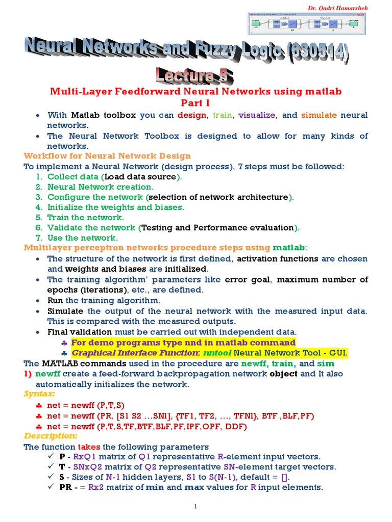 Lecture 5 Multi Layer Feedforward Neural Networks Using Matlab Part 1 Pdf Mean Squared