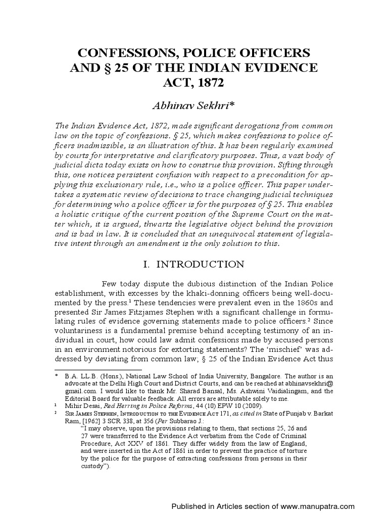 Confessions, Police Officers and 25 of The Indian Evidence ACT, 1872 ...