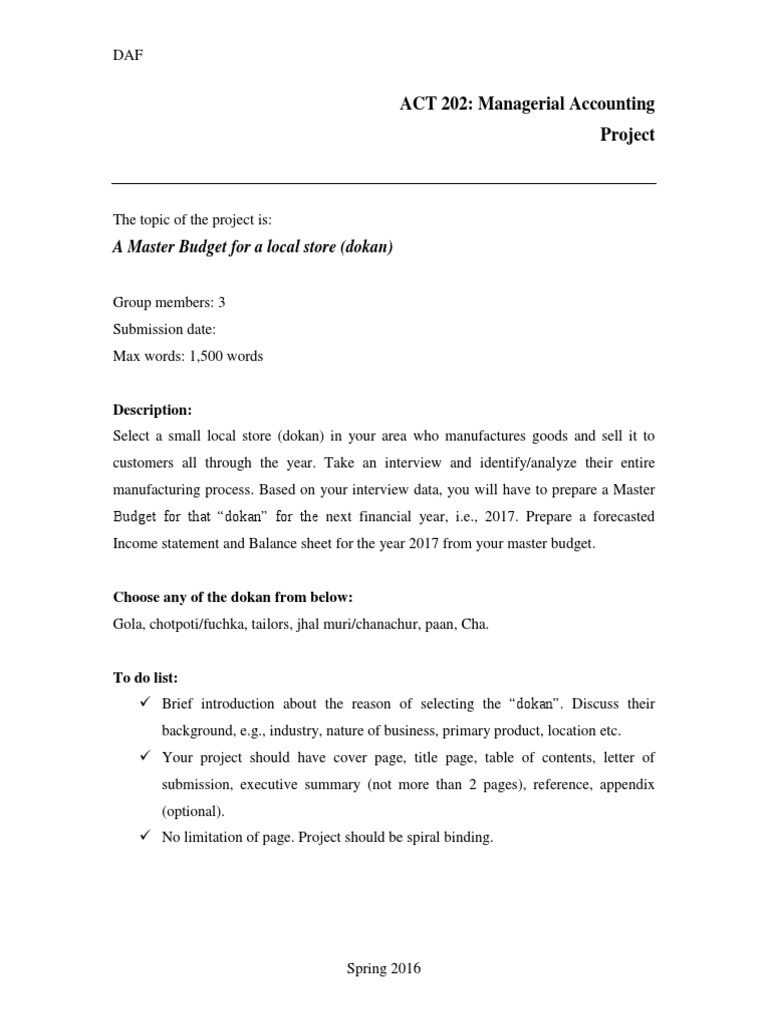 A Master Budget For A Local Store (Dokan) : ACT 202: Managerial ...
