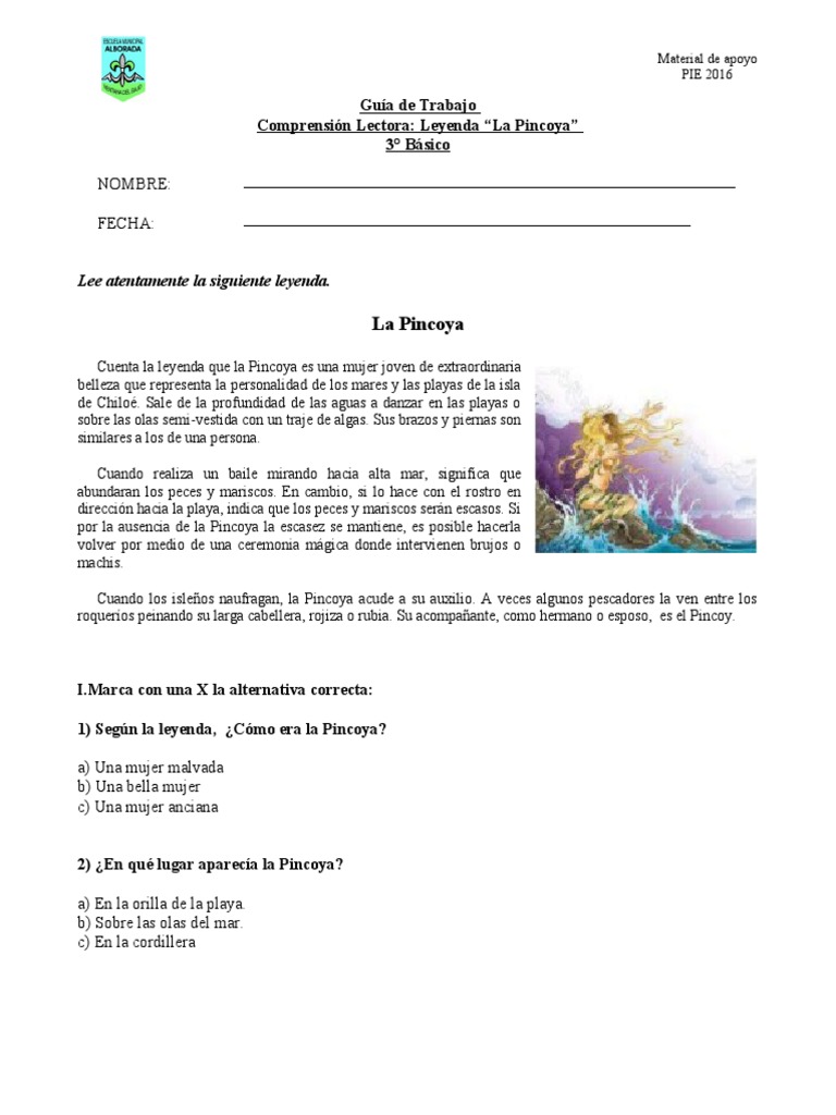 Guía Comprensión Leyenda Pincoya | PDF