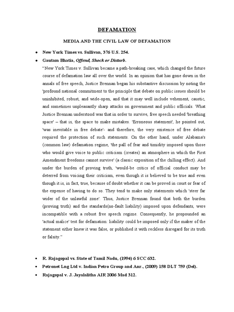 Defamation: Media and The Civil Law of Defamation | PDF | New York ...