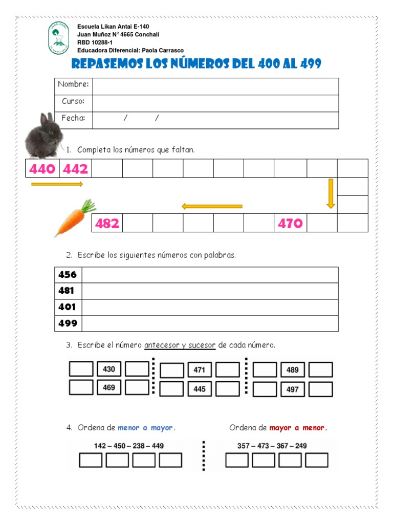 Repaso Números Del 400 Al 499 - PIE 3° Básico PDF | PDF