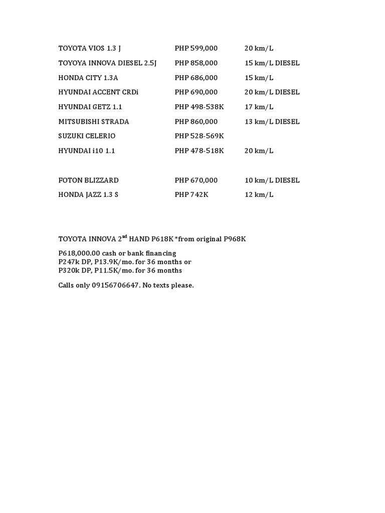 Car Price List | PDF | Business | Finance & Money Management