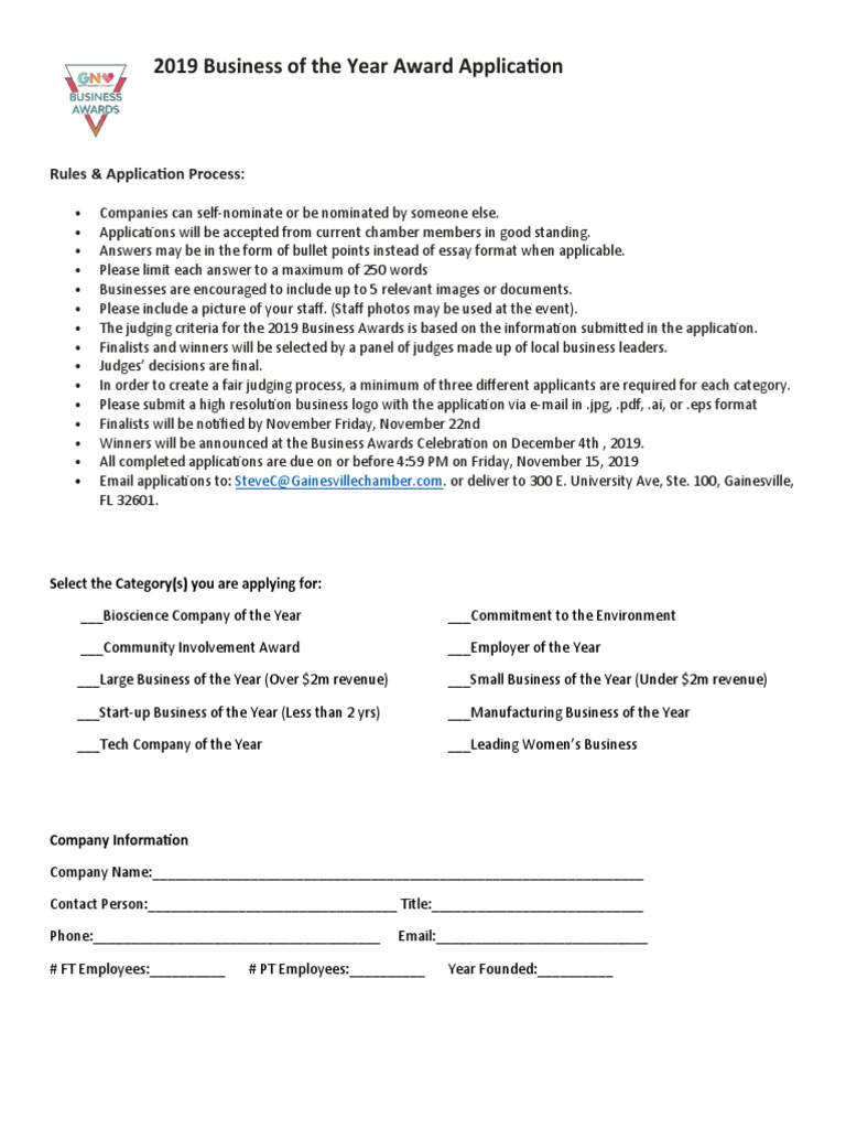 2019 Business of the Year Application | PDF | Business