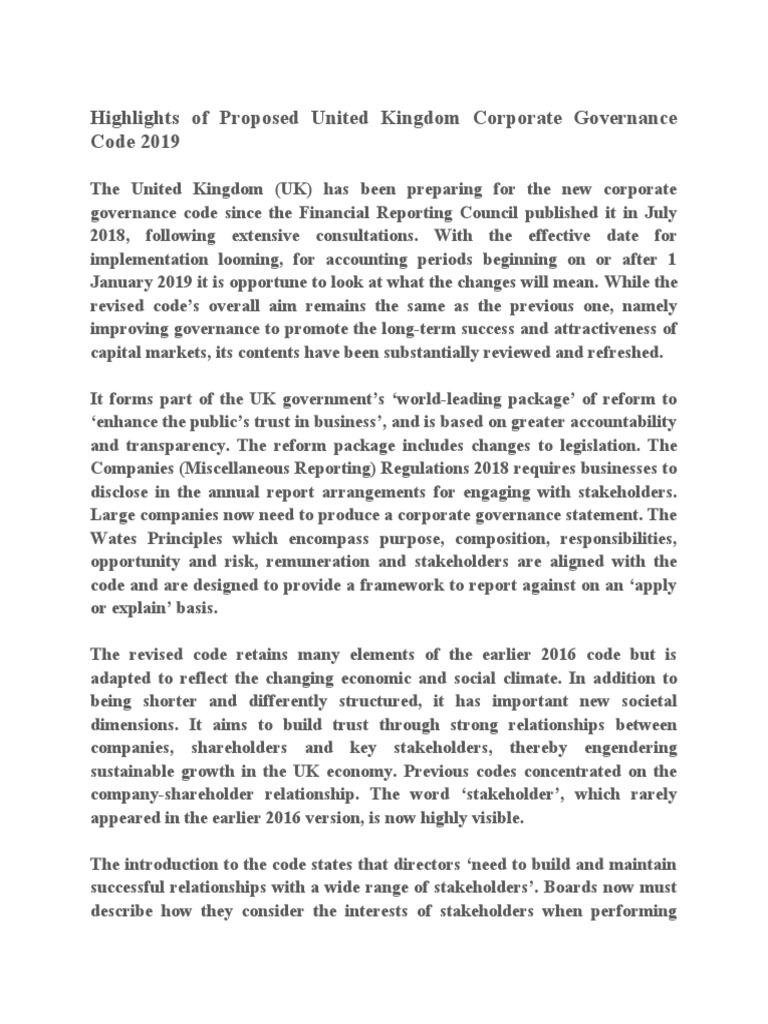 Highlights of The 2019 UK Corporate Governance Code | PDF | Board Of ...