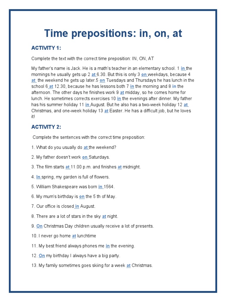 Time Prepositions: In, On, At: Activity 1 | PDF | Lunch | Workweek And ...