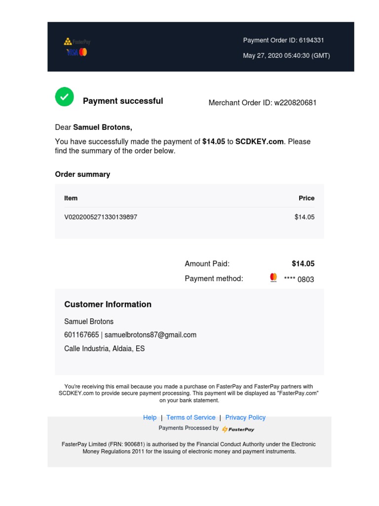 Payment Successful: Merchant Order ID: w220820681 | PDF