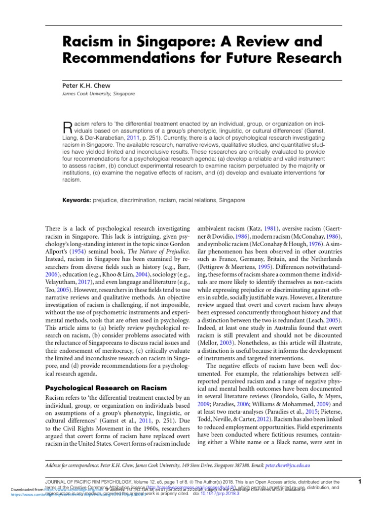 Racism in Singapore A Review and Recommendations For Future Research ...
