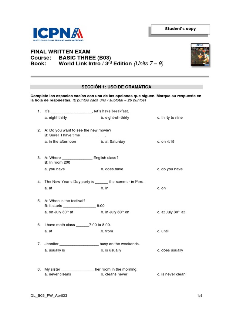 Final Written Exam Course: Basic Three (B03) Book: World Link Intro / 3 ...