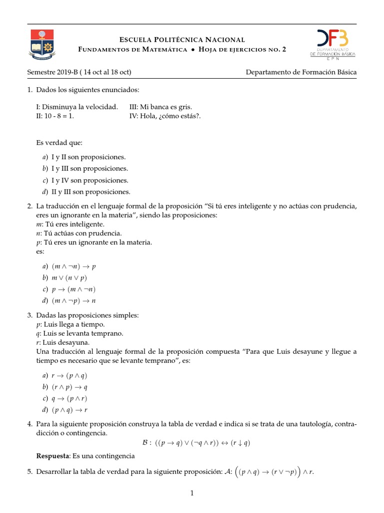 Ejercicios de Lógica Matemátic | PDF | Verdad lógica | Proposición