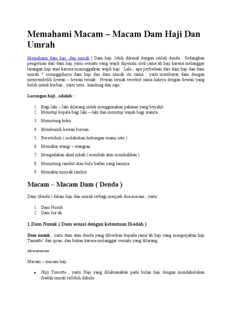 Jenis-jenis Dam dalam Haji dan Umrah | PDF | Griya & Taman | Agama ...