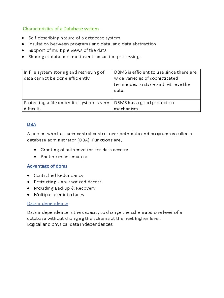 Characteristics of A Database System | PDF | Databases | Information Retrieval