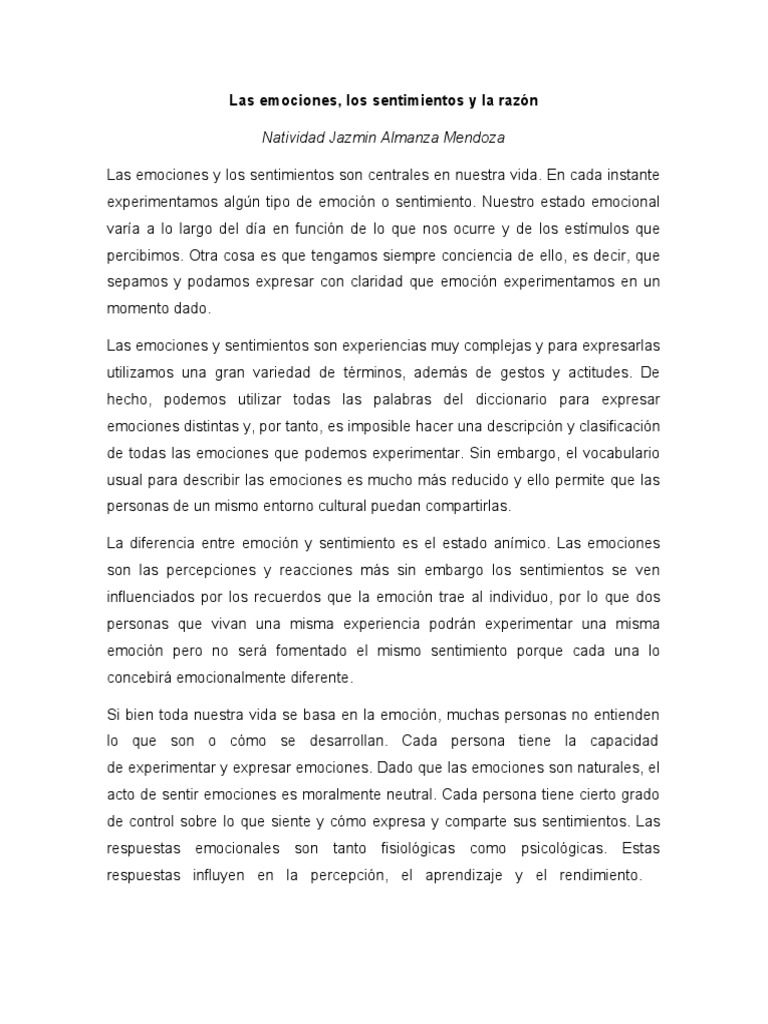 Ensayo Las Emociones Los Sentimientos Y La Razón Pdf Sensación