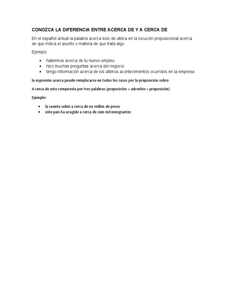 Conozca La Diferencia Entre Acerca de y A Cerca de | PDF