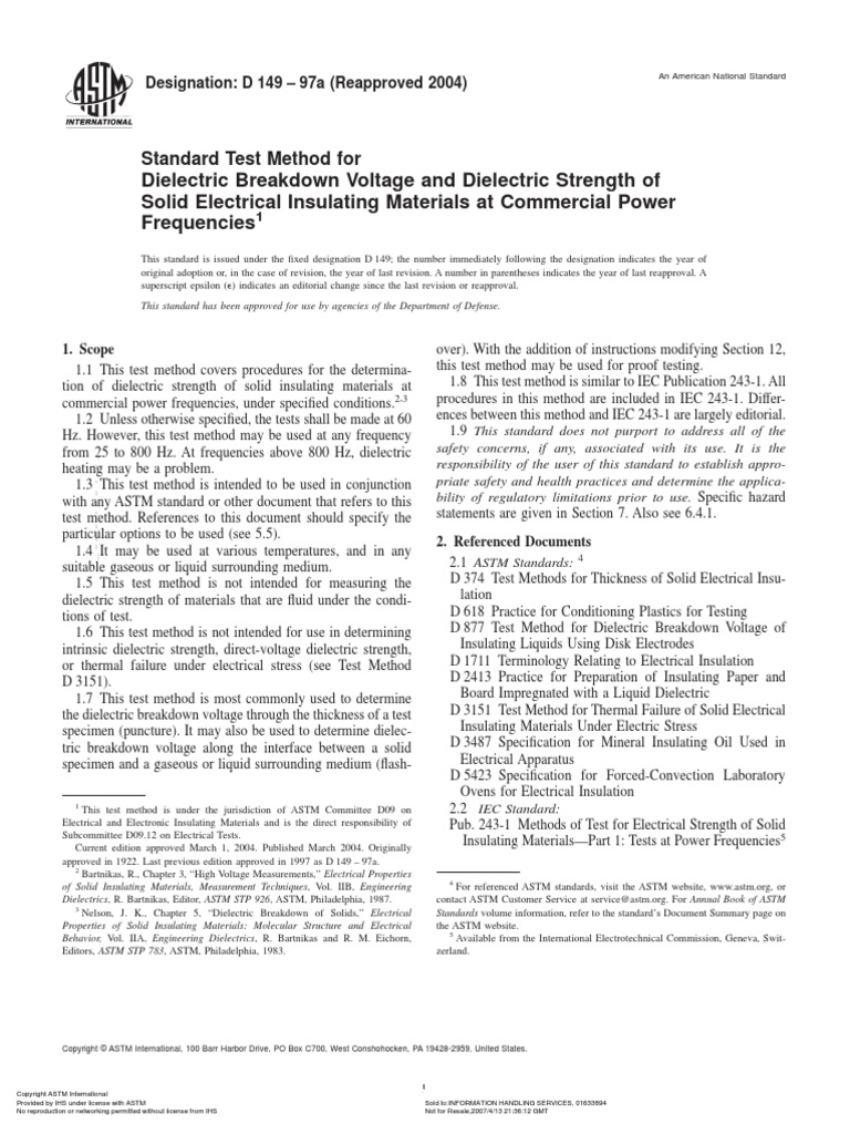 Astm D 149 | PDF | Electrical Breakdown | Insulator (Electricity)