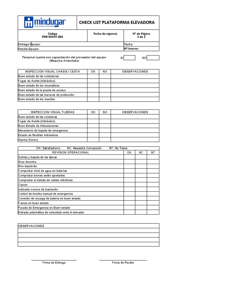 PDR-MANT-01 Check List Plataforma Elevadora | PDF | Ascensor ...