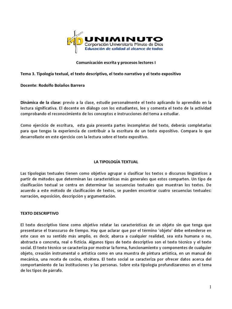 Guía 3. Tipos de Textos Descriptivo, Narrativo y Expositivo | PDF ...