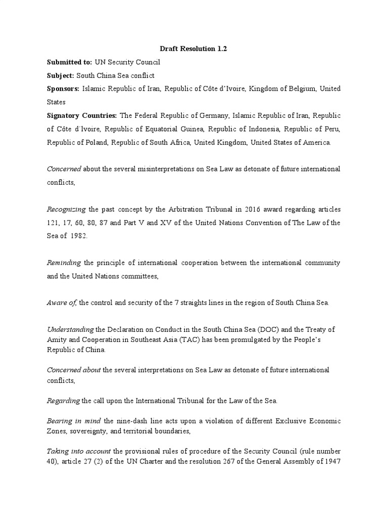 FINAL DRAFT RESOLUTION Type A (South China Sea) | PDF | United Nations ...