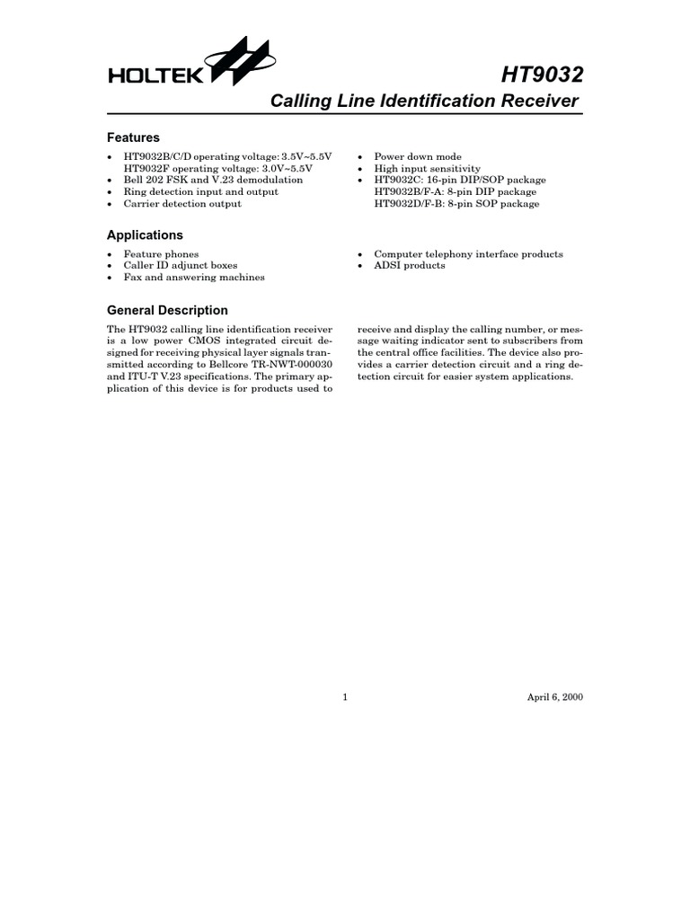 Calling Line Identification Receiver: Features | PDF | Electronic Circuits | Electrical Engineering