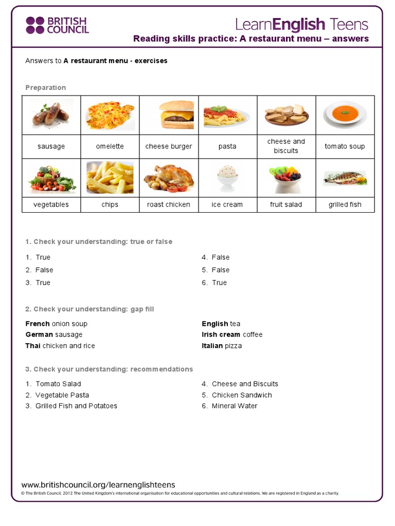 Reading Skills Practice: A Restaurant Menu - Answers: Preparation | PDF ...