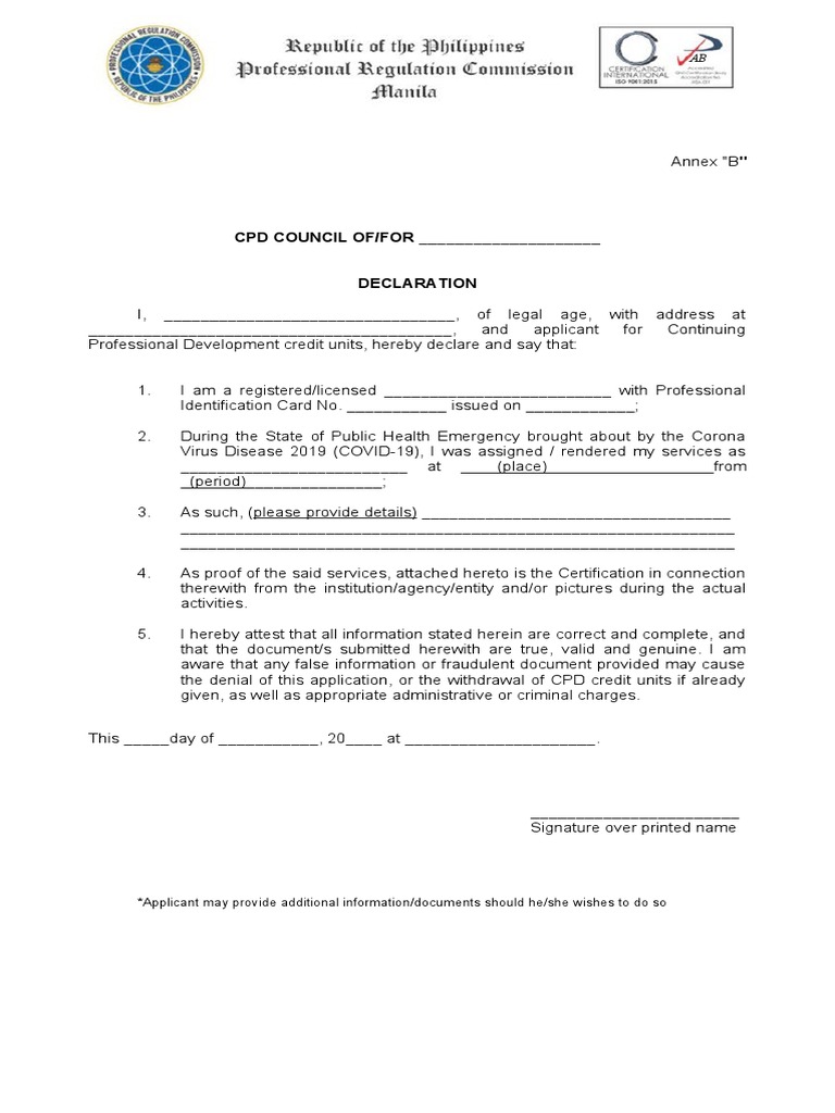 CPD Declaration Form for COVID-19 Services | PDF