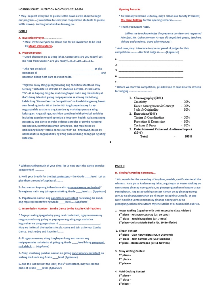 Hosting Script - Dance Exercise Competition SY2019-2020 | PDF ...