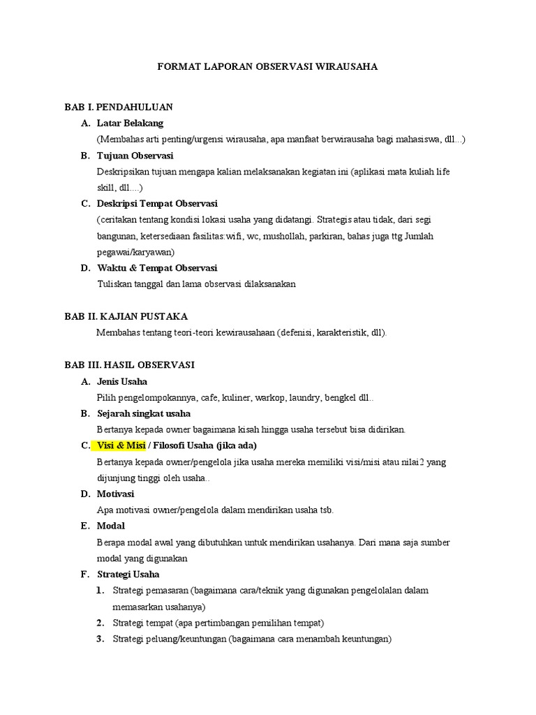 Format Laporan Observasi Usaha | PDF