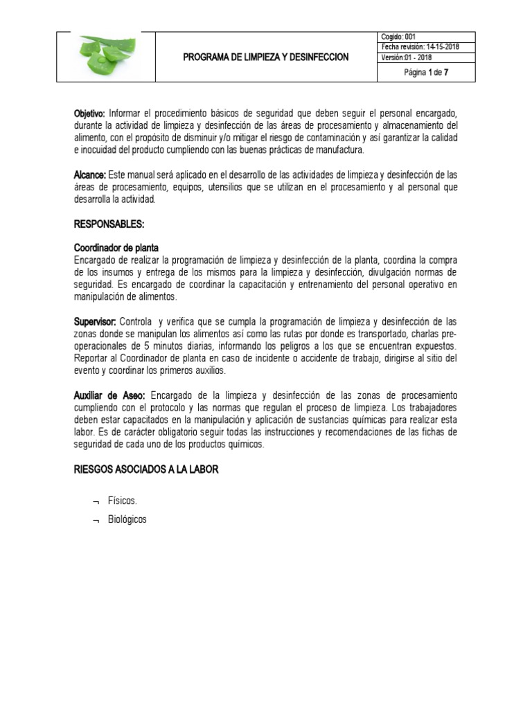 P-01 Programa de Desinfeccion y Limpieza | PDF | Detergente | Agua