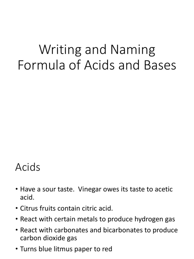 Writing and Naming Formula of Acids and Bases | PDF | Acid | Hydroxide