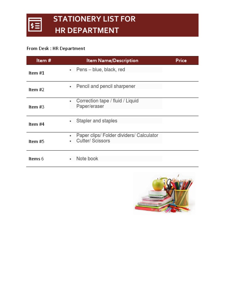 Stationery List For HR Department: Item # Item Name/Description Price | PDF