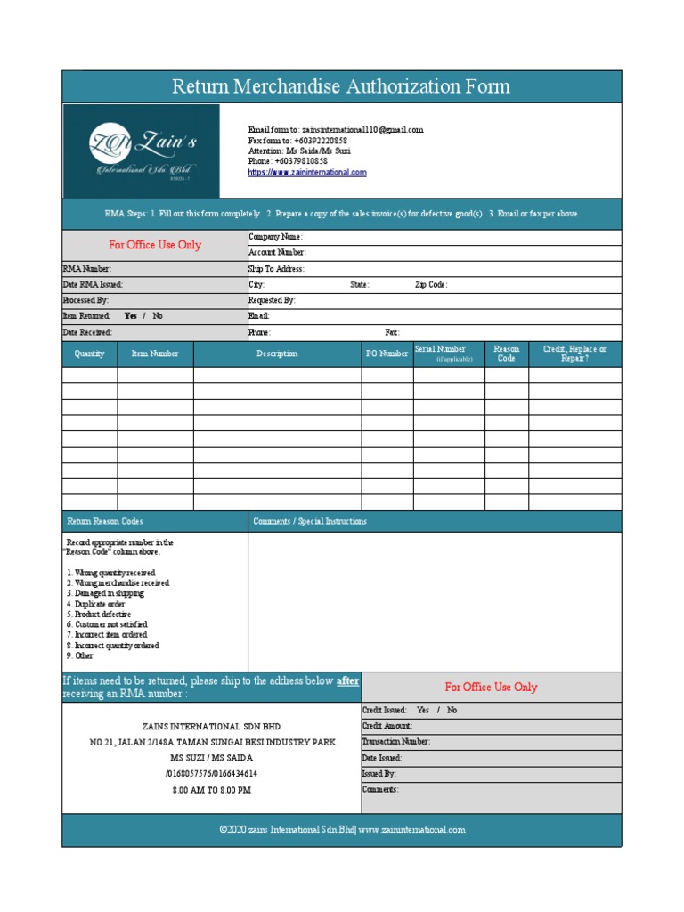 Return Merchandise Authorization Form: For Office Use Only | PDF | Business