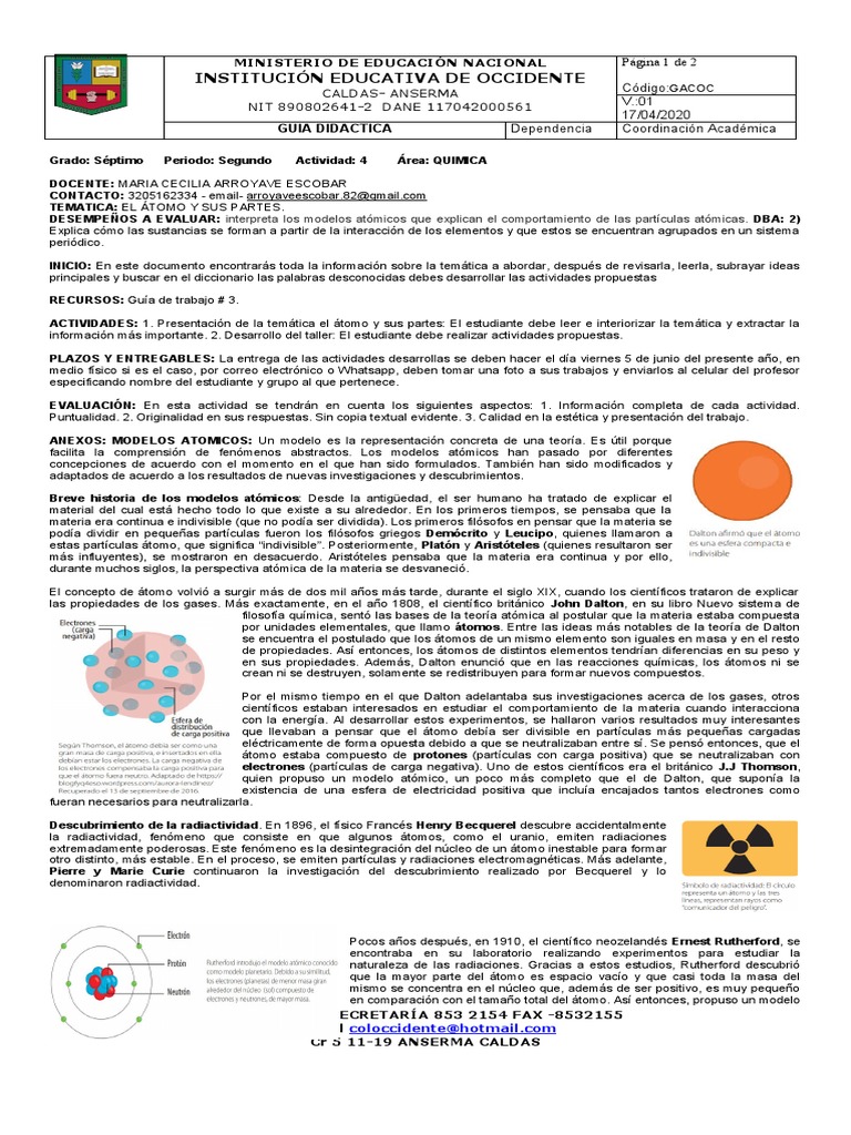 Guia de Aprendizaje # 4 Quimica 7 | PDF | Átomos | Núcleo atómico