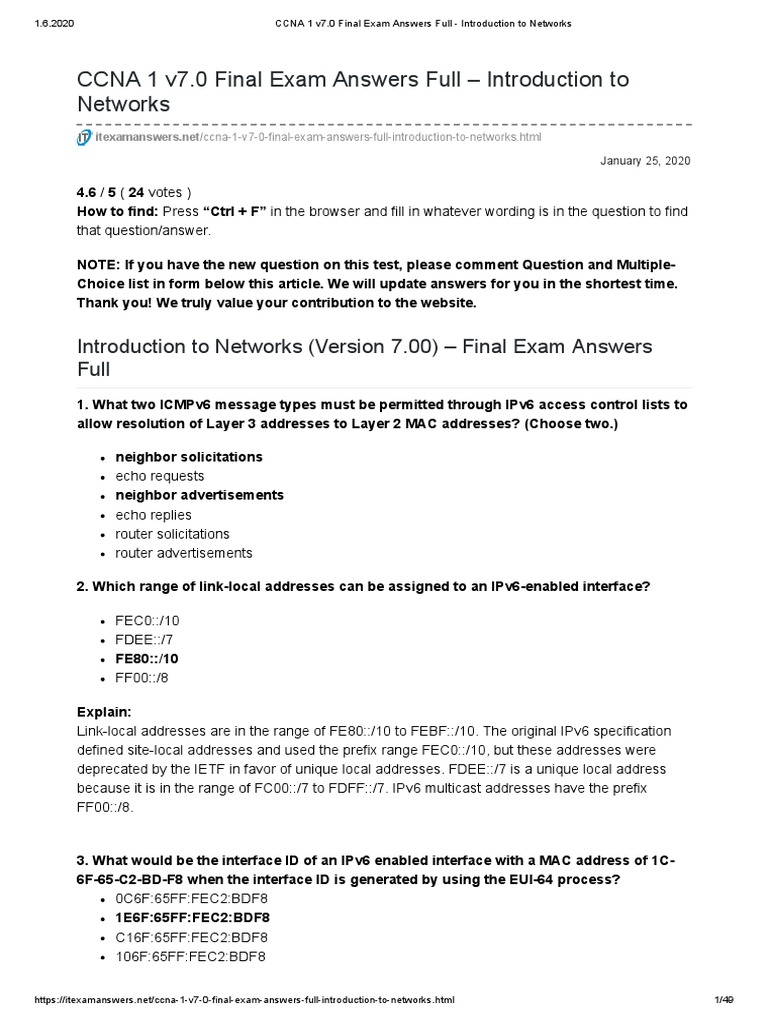 CCNA 1 v7.0 Final Exam Answers Full - Introduction To Networks | PDF | Port (Computer Networking ...