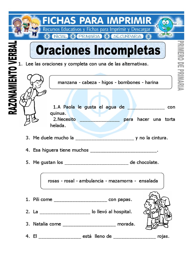 Hoja De Trabajo De Oraciones Incompletas Completar Oraciones | TPT
