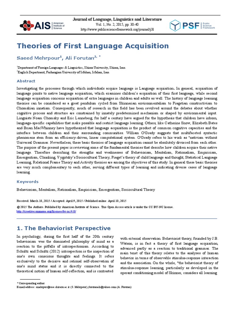 Theories of First Language Acquisition: Saeed Mehrpour, Ali Forutan ...