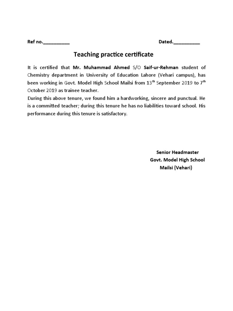 Teaching Practice Certificate | PDF