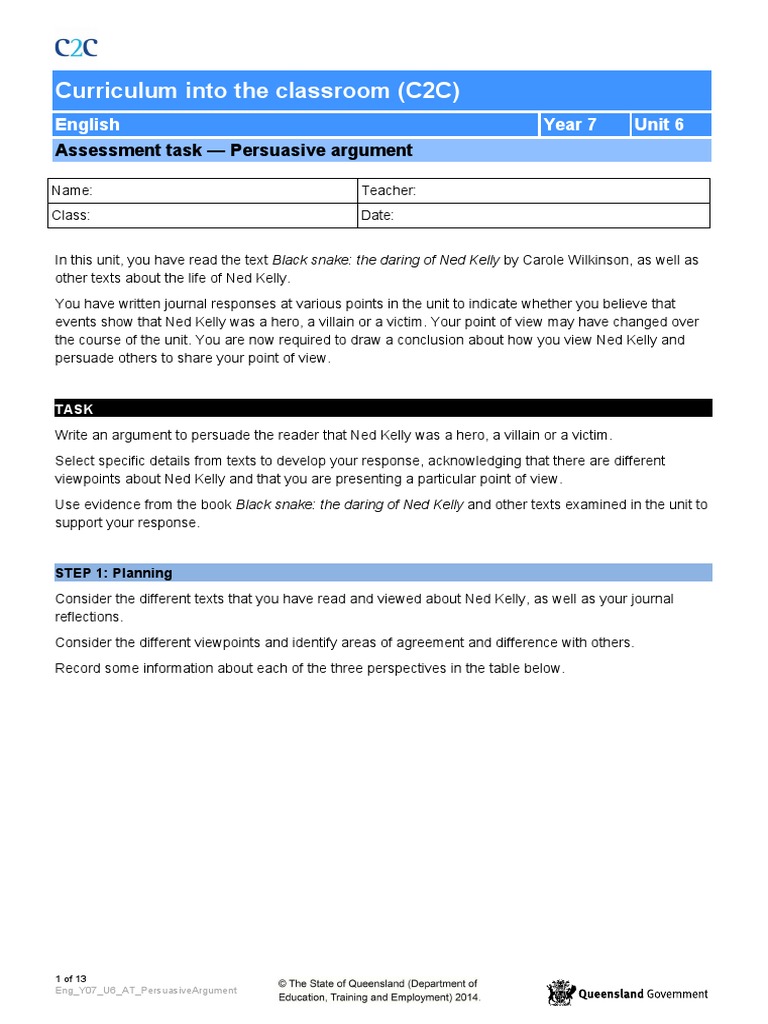 Curriculum Into The Classroom (C2C) : Assessment Task - Persuasive ...