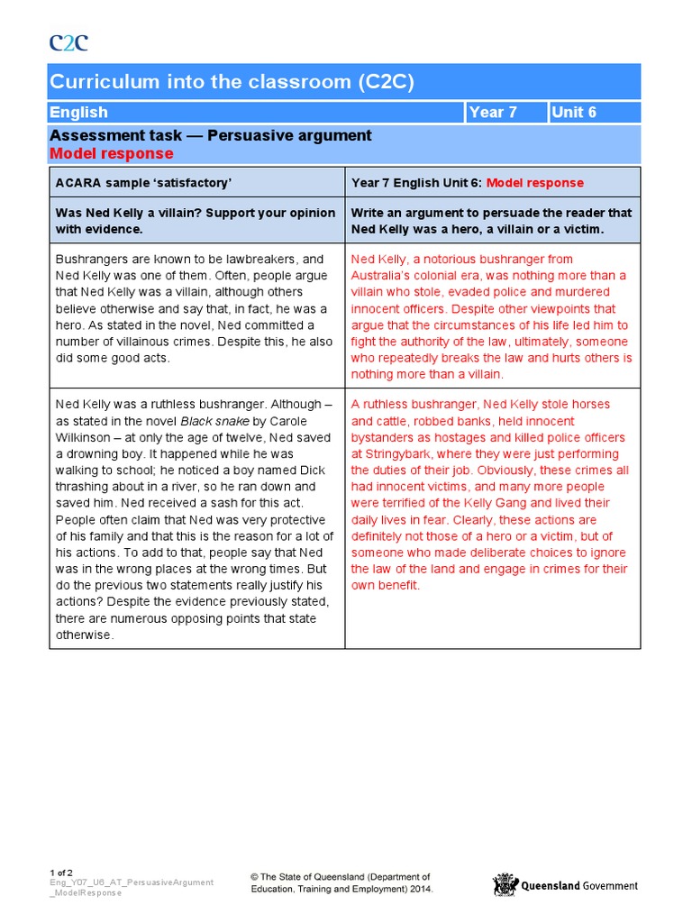 Curriculum Into The Classroom (C2C) : Assessment Task - Persuasive ...