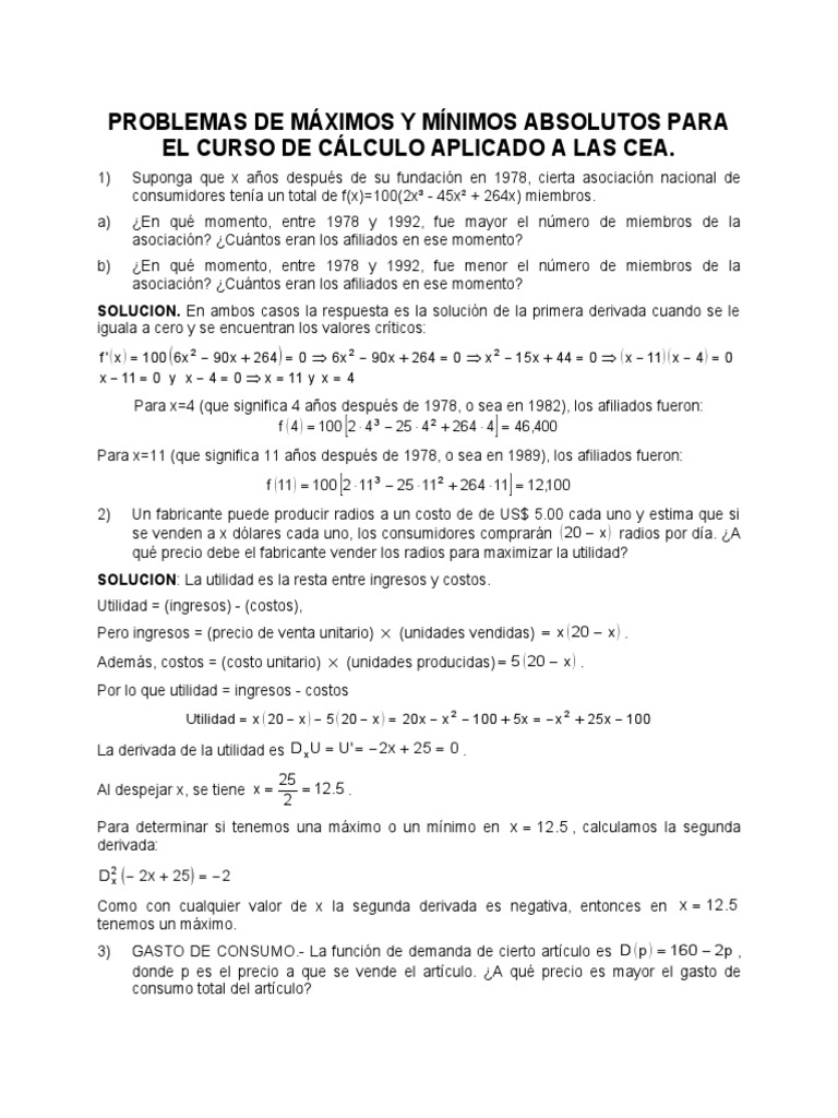 Problemas de Maximos y Minimos Absolutos | PDF | Elasticidad (economía) | Costo marginal