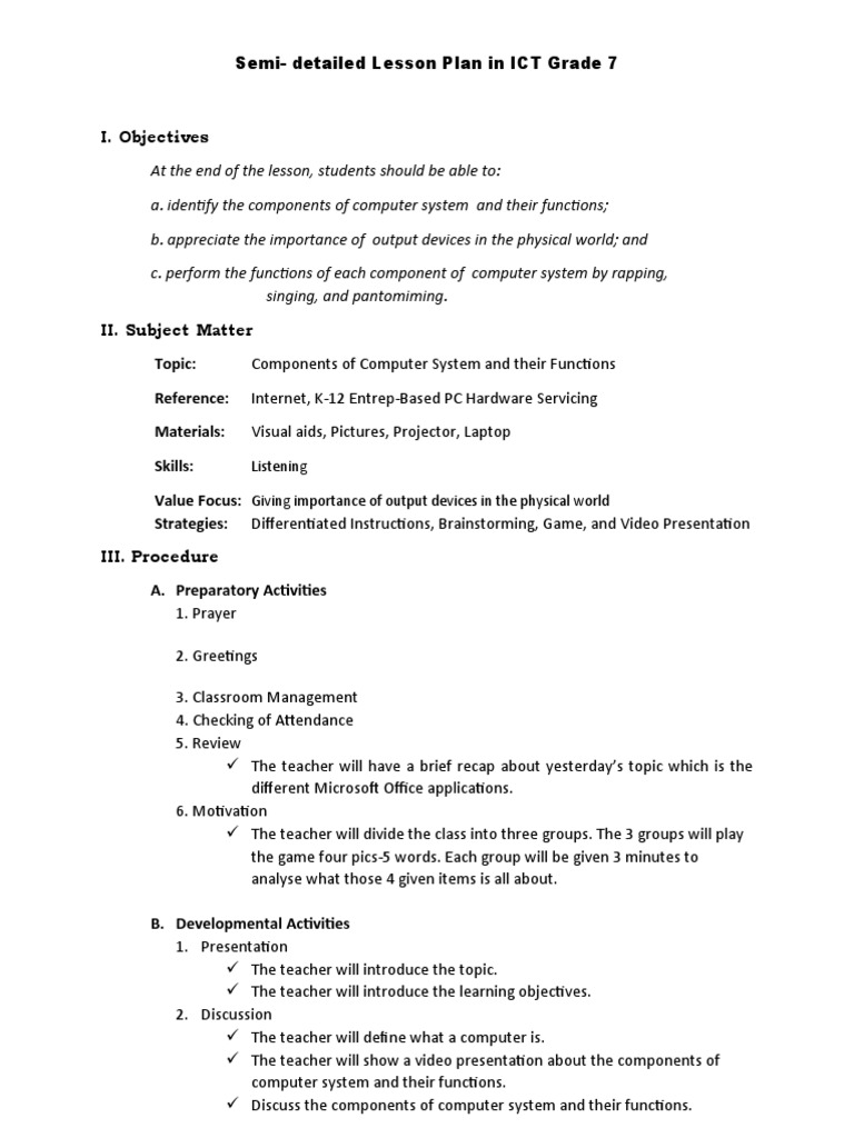 Semi-Detailed ICT Lesson Plan for Grade 7 | PDF | Computer Data Storage ...