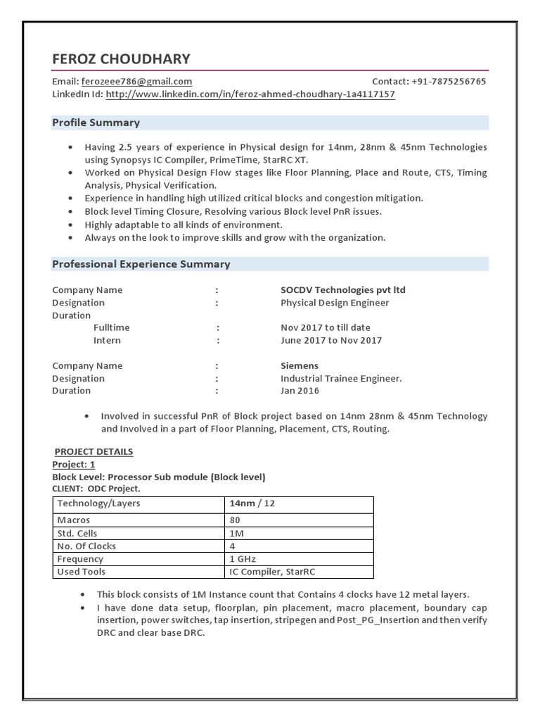 CV Feroz 2.5exp | PDF | Electronic Design | Digital Technology