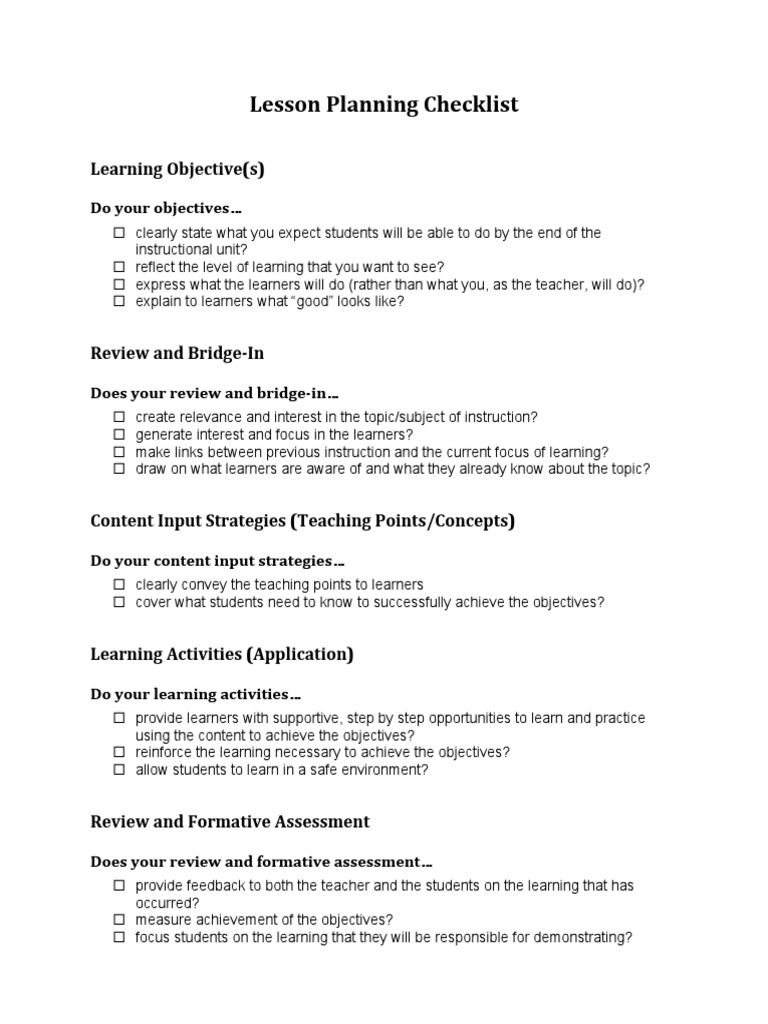 Lesson Planning Checklist: Learning Objective(s) | PDF