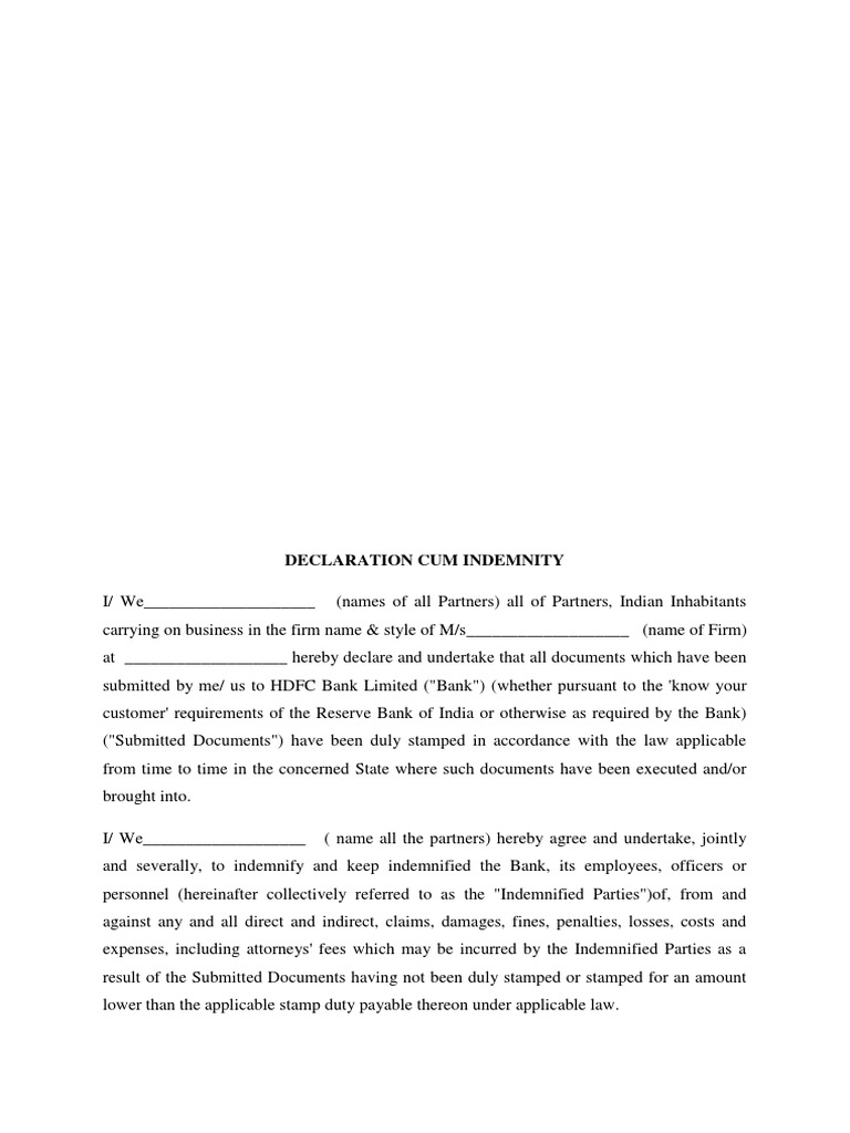 Declaration Cum Indemnity | PDF