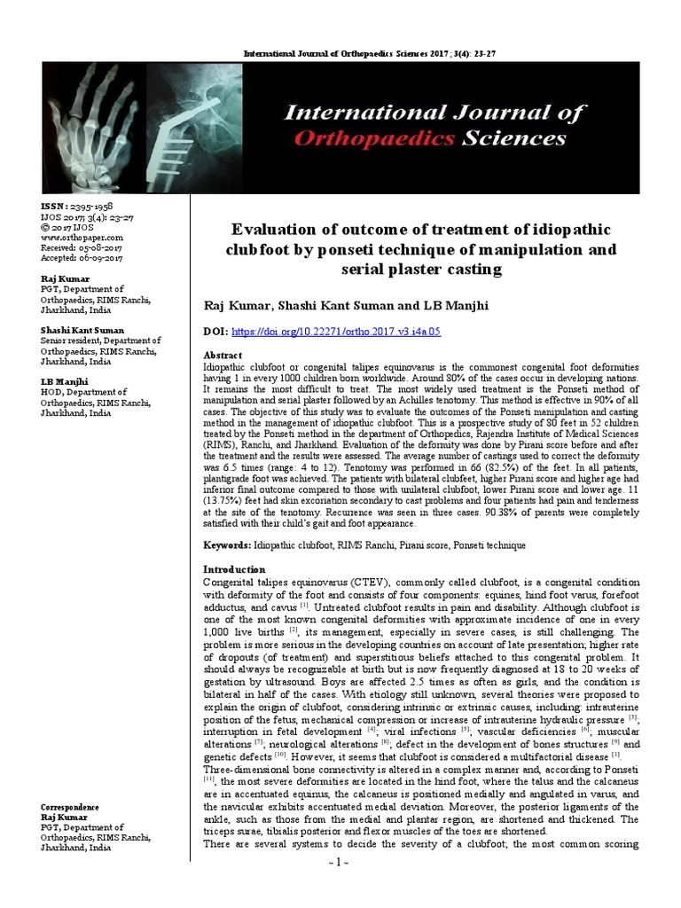 Evaluation of Outcome of Treatment of Idiopathic Clubfoot by Ponseti ...