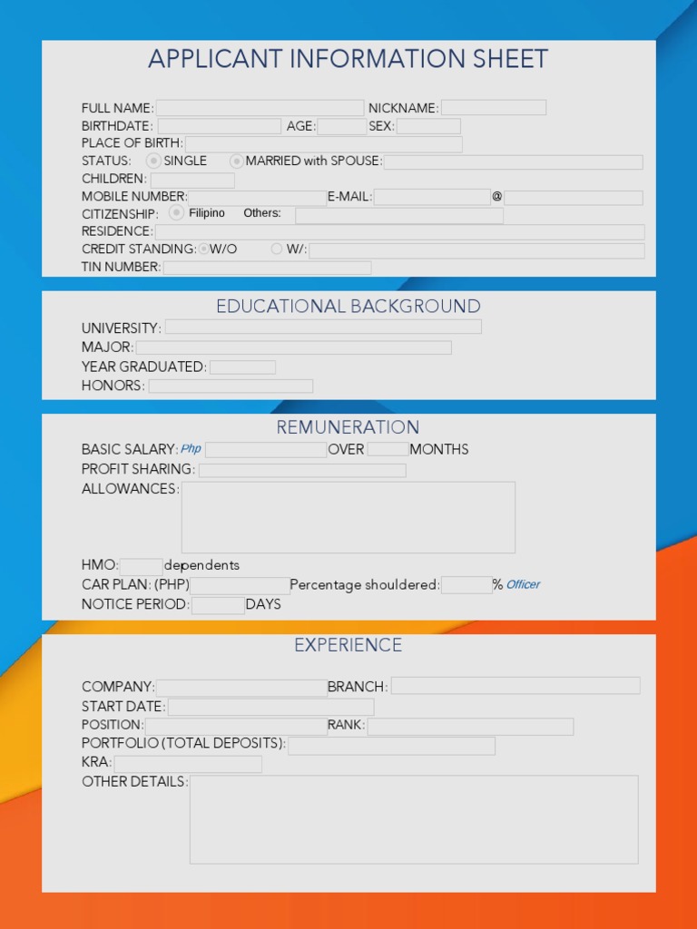 Applicant Information Sheet | PDF | Finance & Money Management | Law