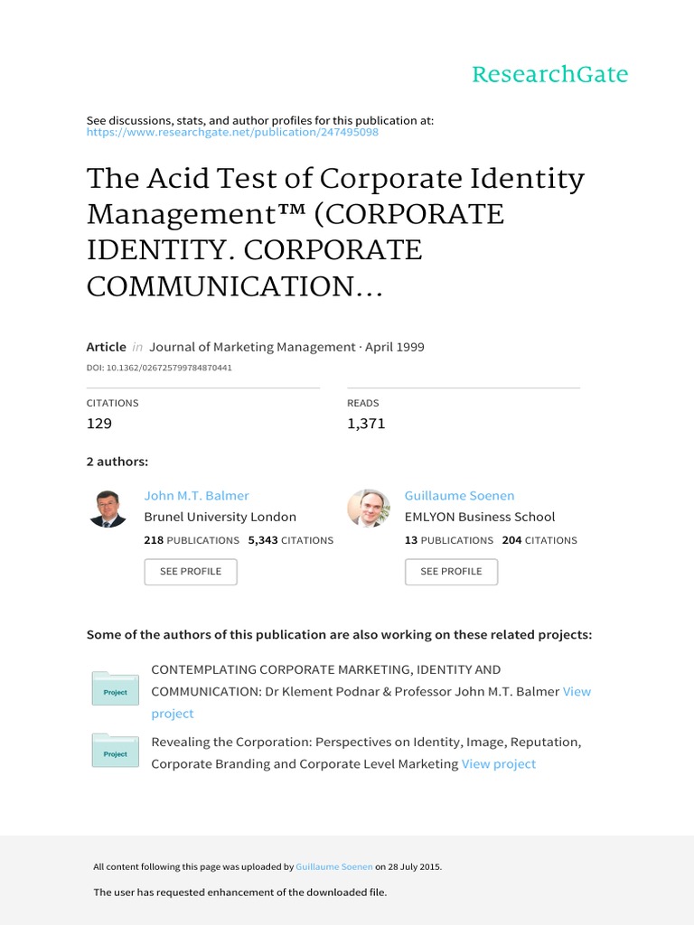 Balmer & Soenen 1999 ACID Test of CI | PDF | Identity (Social Science ...