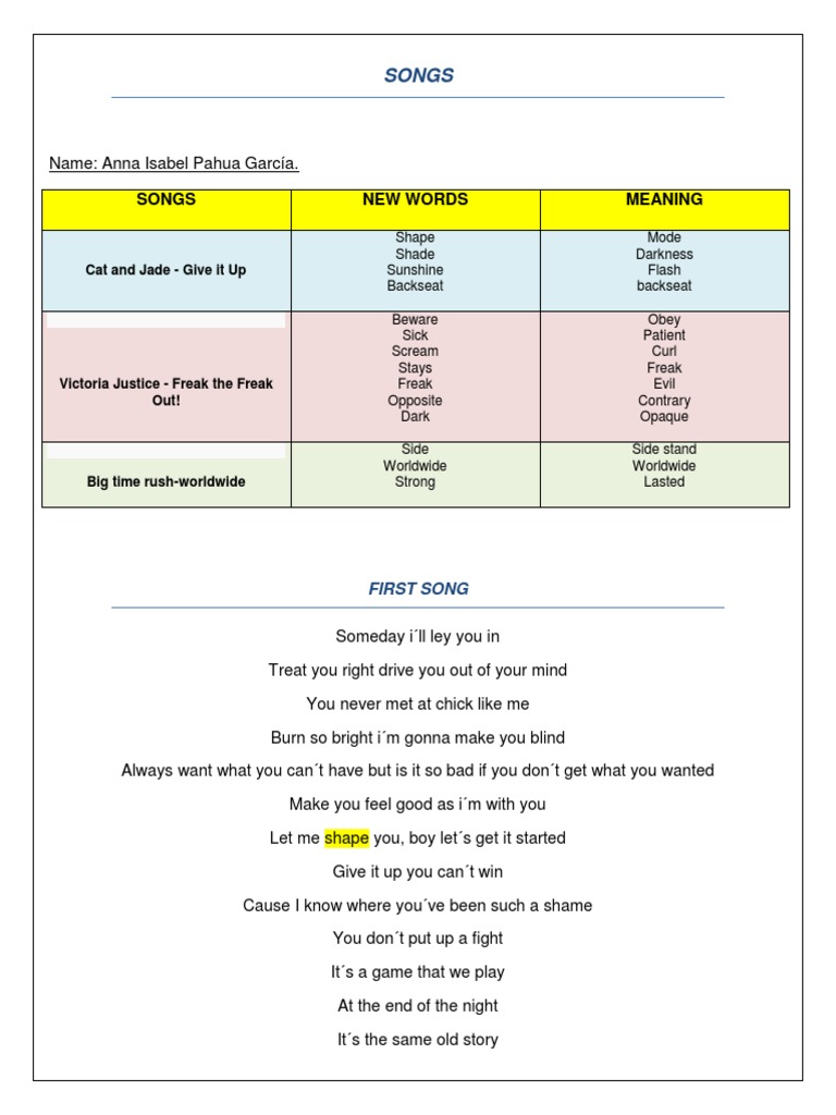 Songs: Songs New Words Meaning | PDF