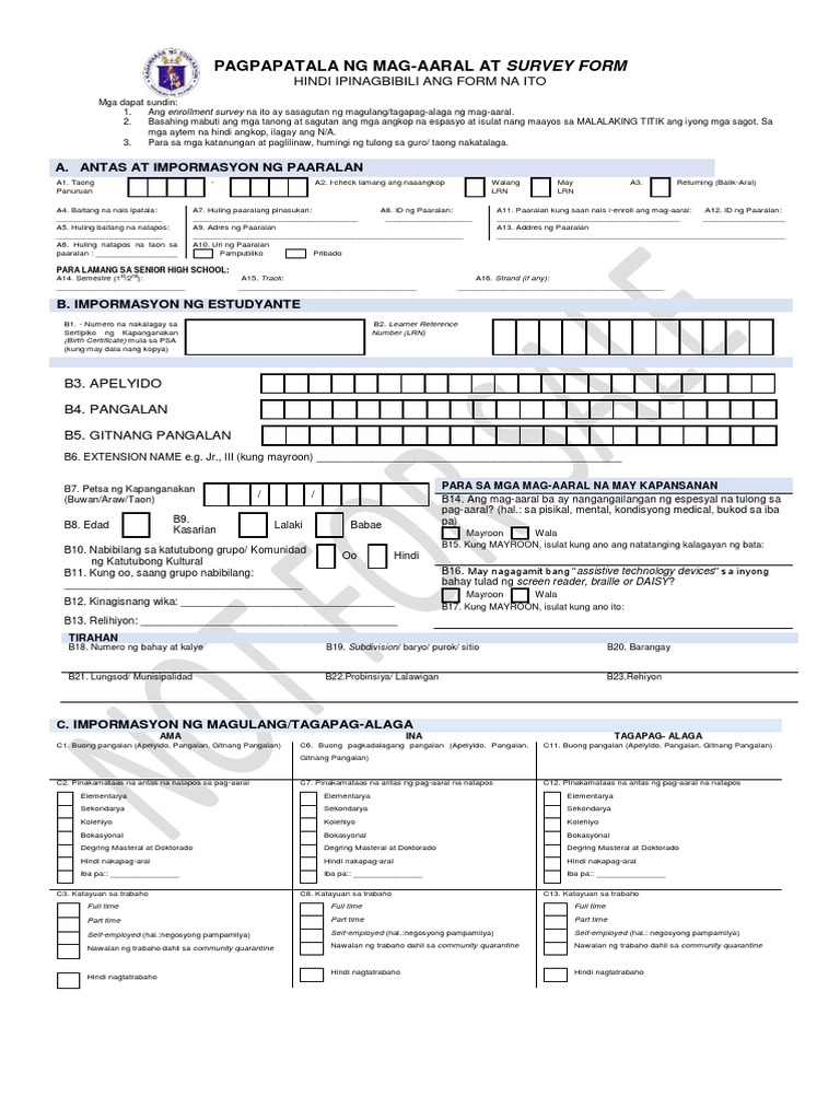 Learner Enrollment and Survey Form Filipino PDF | PDF